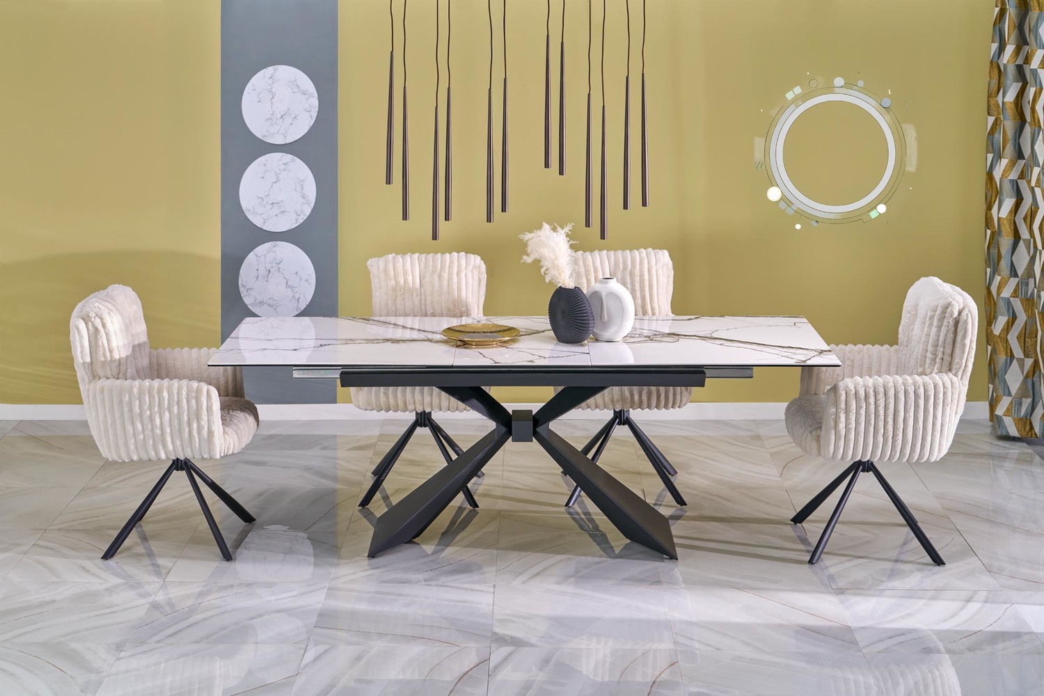 LUCIANO extension table, white marble / black - HALMAR